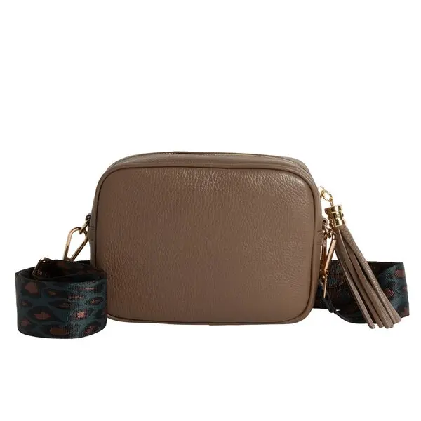 BETSY & FLOSS Verona Crossbody Dark Taupe Tassel Bag With Teal & Leopard Strap - Brown