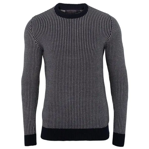 PAUL JAMES KNITWEAR White / Blue Cotton David Fisherman Tuck Stitch Jumper Navy - White/blue