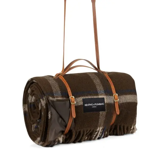 HEATING & PLUMBING LONDON Pure New Wool Picnic Blanket Checkmate Mocha - Brown