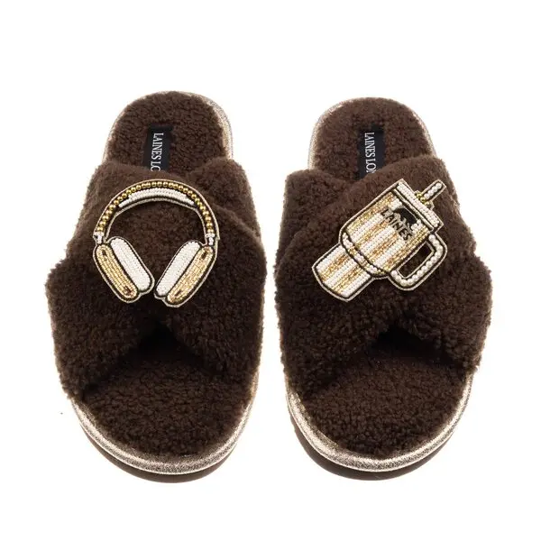 LAINES LONDON Neutrals Laines Neutral Boucle Slippers With Headphones & Quencher Brooches Chocolate - Brown