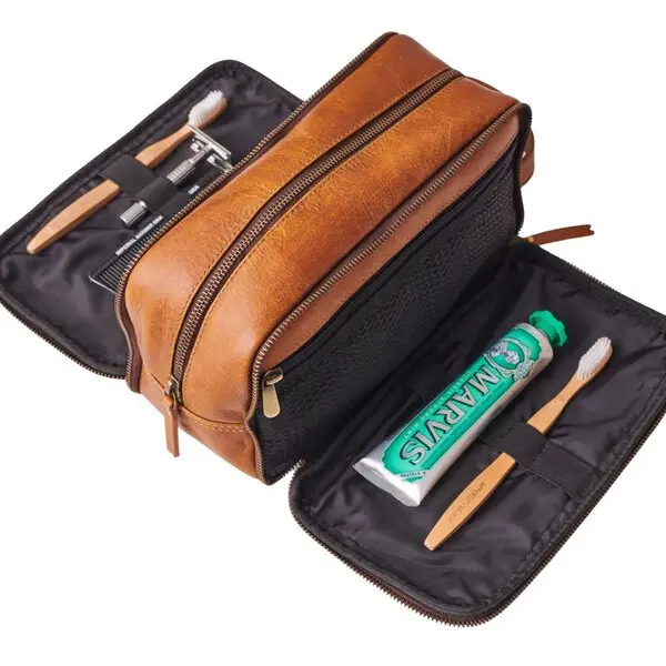 VIDA VIDA Leather Fold Out Wash Bag Tan - Brown