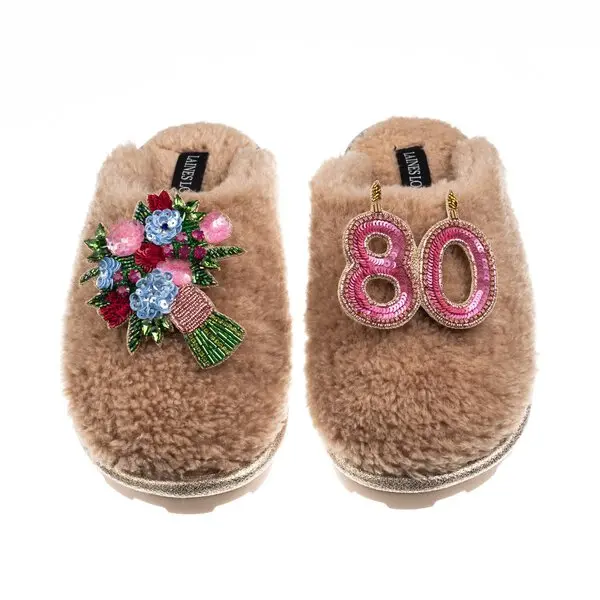 LAINES LONDON Teddy Closed Toe Slippers With 80th Birthday & Flowers Brooches Toffee - Brown