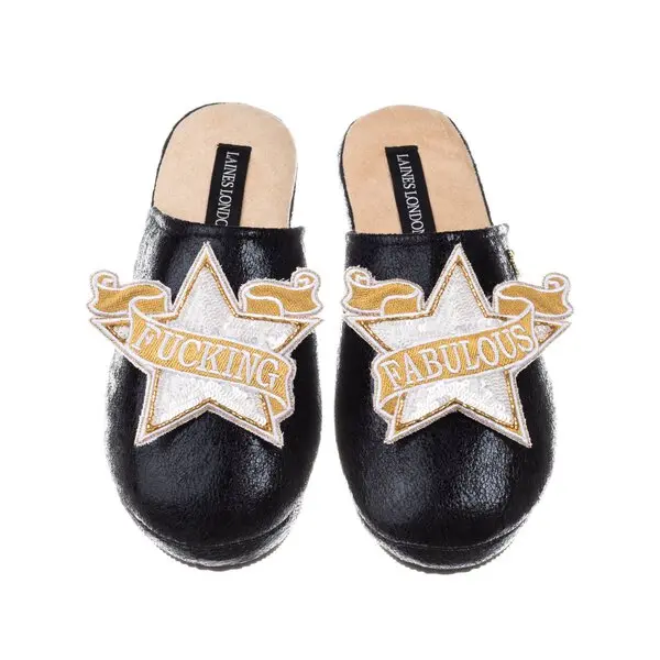 LAINES LONDON Softie Slippers With Fucking Fabulous White Star Brooches - Black