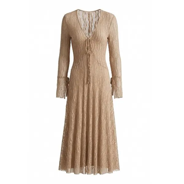 BELSIZE25 Neutrals Trumpet Dress Flared Sleeve Sheer Lace Knit Dress - Beige