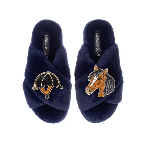 LAINES LONDON Classic Laines Slippers With Riding Hat & Horse Brooches Navy - Blue