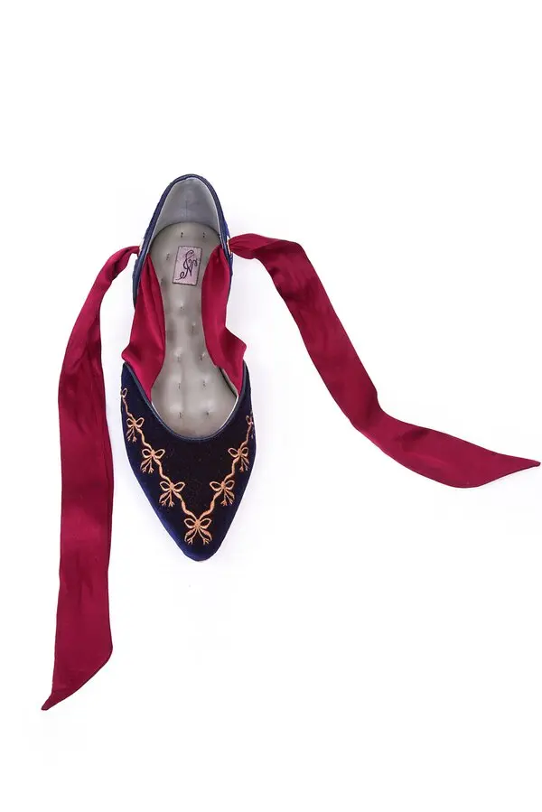 Natalia Petruch Blue / Red Clotilde Velvet Embroidered Flats With Silk Straps In Navy - Blue/red