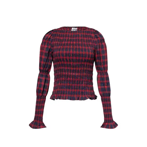 AMY LYNN Iris Pure Cotton Plaid Smocked Top - Red