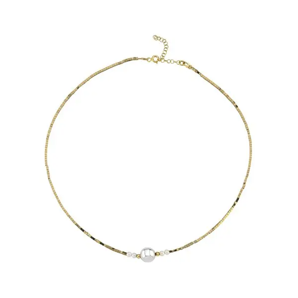 LINYA JEWELLERY Asel Silver Ball Pearl Hematite Stone Necklace - Gold