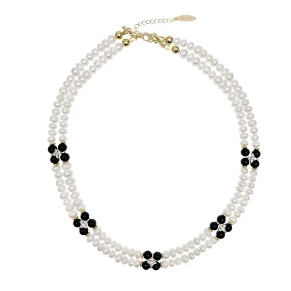 FARRA Freshwater Pearls With Black Obsidian And Zircon Stone Statet Collar Necklace - White