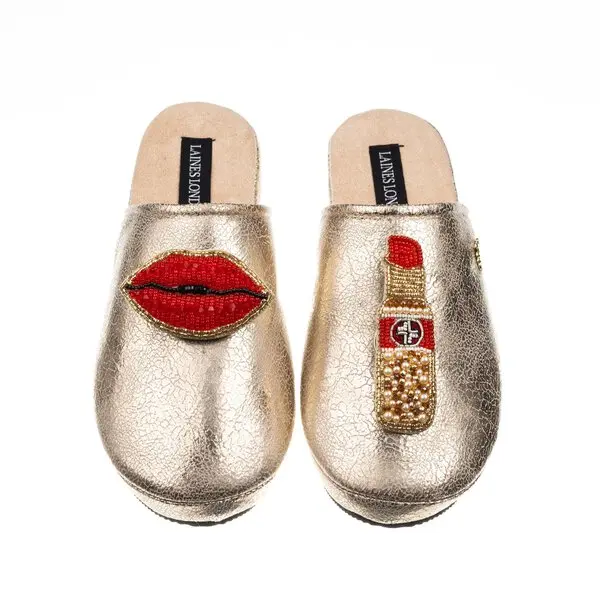 LAINES LONDON Embellished Softie Slippers With Lipstick And Lips Brooches - Gold