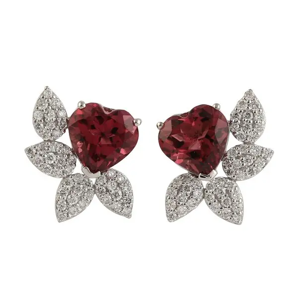 ARTISAN Pink / White Heart-shaped Tourmaline & Diamond Floral Stud Earrings In 18k White Gold - Pink/white