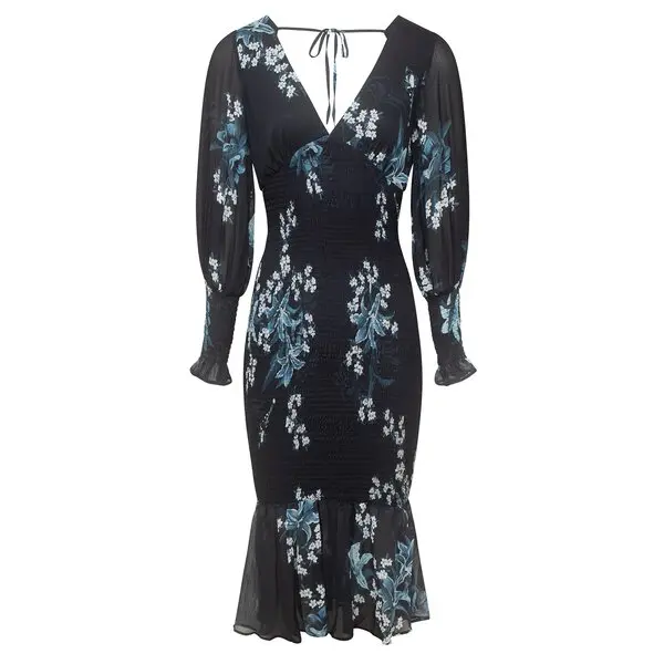 URBAN TOUCH Floral Print Bodycon Style Long Sleeve Dress Navy - Blue