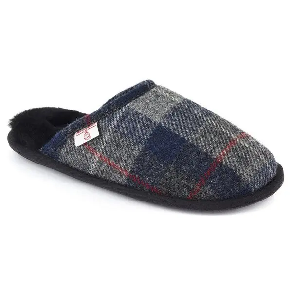 BEDROOM ATHLETICS William Harris Tweed Sheepskin Lined Mule Slippers Navy / Black Check - Blue