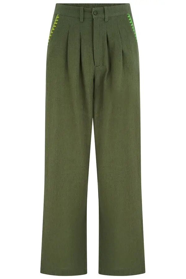 SUGARHILL BRIGHTON Lois Wide Leg Trousers Olive, Decorative Stitch - Green