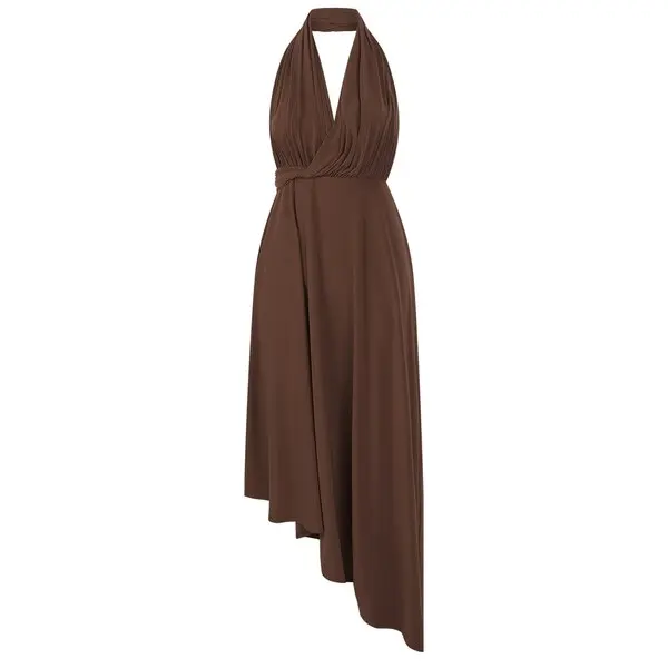 CELESTINE & MAE Gaia Halterneck Midi Dress In Woodsmoke Tan - Brown