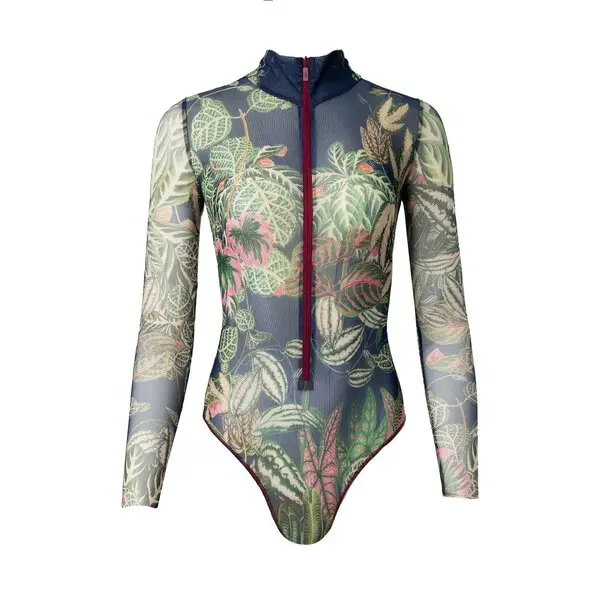 RODA SMARTSWIMWEAR Tan-through Mesh One-piece Zipper Swimsuit With Sleeves Botanicum Quick Dry - Black