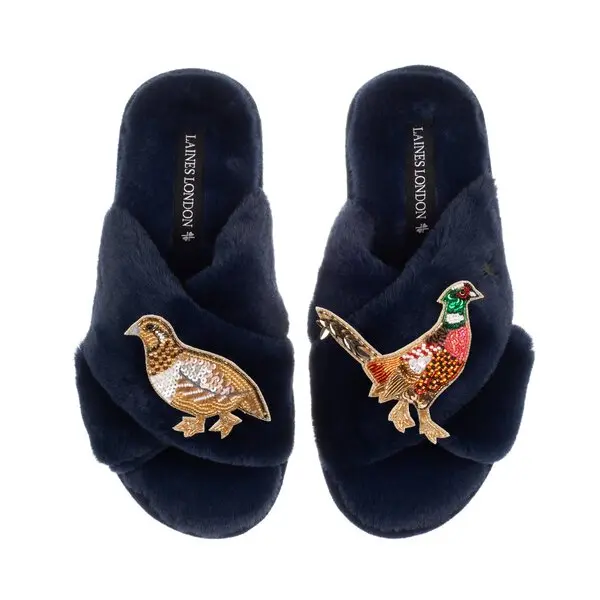 LAINES LONDON Embellished Faux Fur Slippers With Pheasant & Hen Brooches - Blue