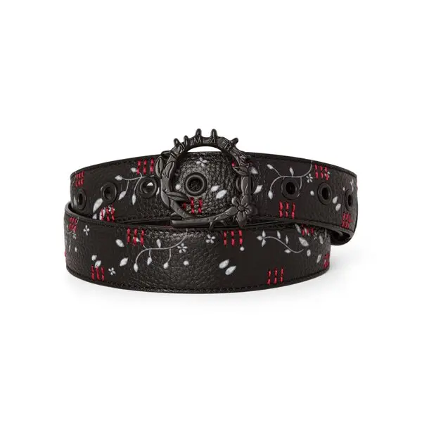 LIMAR Black / Red Embroidered Black Leather Belt With Statet Matt Buckle - Black/red