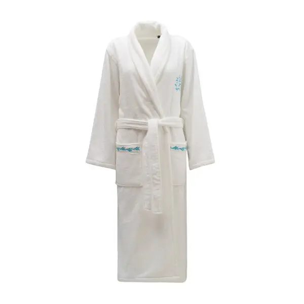 KM HOME COLLECTION Turquoise Coral Embroidery Aegean Cotton Bathrobe - White