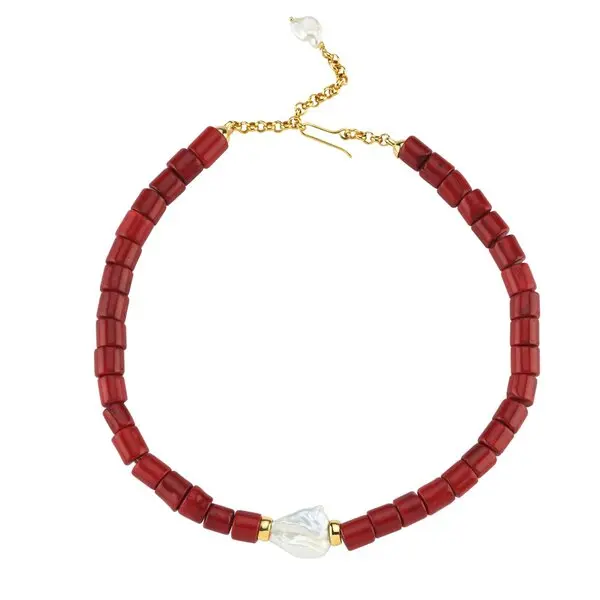 LINYA JEWELLERY Gold / Red Harmonia Baroque Pearl Red Coral Necklace - Gold/red