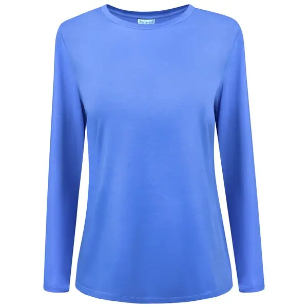 PERLAVERA Tanya Solid Cotton Spandex Long Sleeve Length Crew Neck T-shirt - Blue