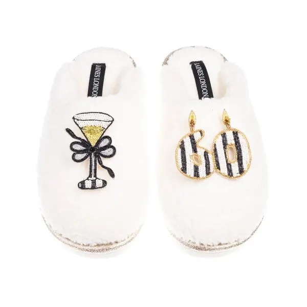 LAINES LONDON Teddy Closed Toe Slippers With Stripe 60th Birthday & Champagne Glass Brooches Cream - White