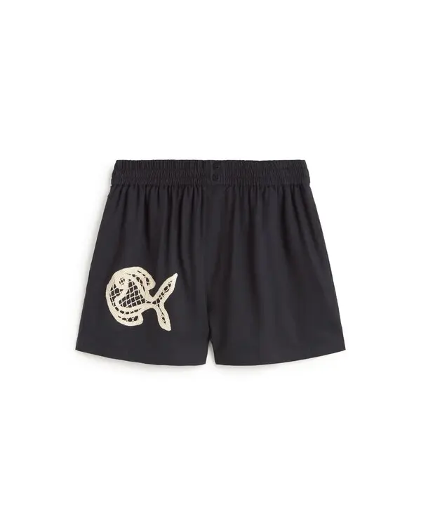 THINKING MU Shorts Hand Embroidered Fish Geraldine - Blue