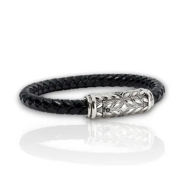 DANEILA LÉON Black / Silver Sterling Silver Black Leather Bracelet With Diamonds - Black/silver