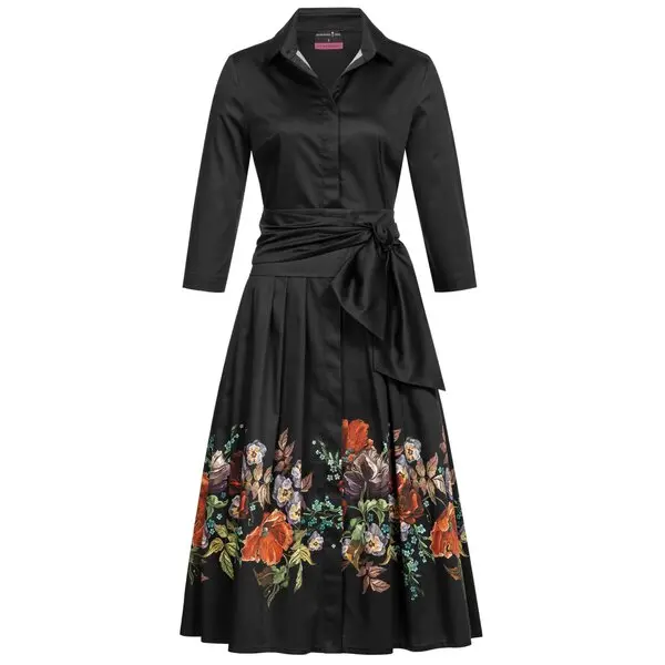MARIANNA DÉRI Floral Border Shirtdress With Detachable Wide Belt - Black