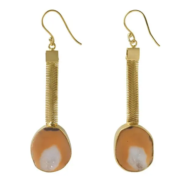 YAA YAA LONDON Gold / Brown / Yellow Caramel Apricot Geode Drop Gemstone Earrings - Gold/brown/yellow