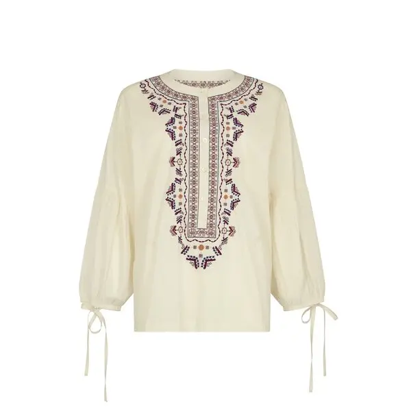 RAFFYA Anai Half Placket Embroidered Blouse In Cream - White