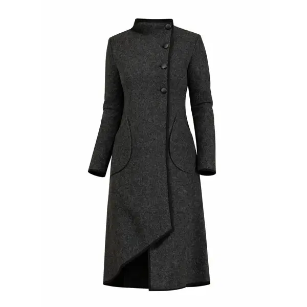 NIKKA PLACE Asymmetrical Boiled Wool Cardigan With Buttons And High Neck In Charcoal Gray - Grey