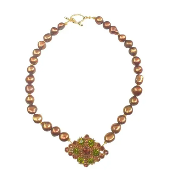 Way To Chic Elegant Bronze Pearl Necklace With Vintage Crystal Brooch Pendant - Brown
