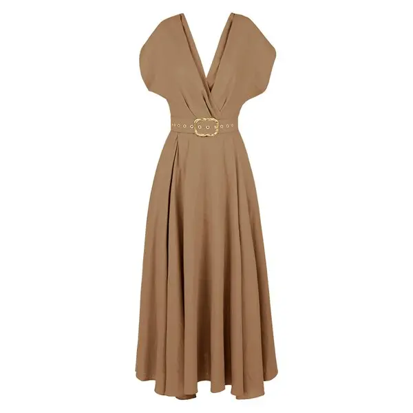 ALINA CERNATESCU Neutrals Ischia Beige Linen Office & Cocktail Midi Dress - Brown