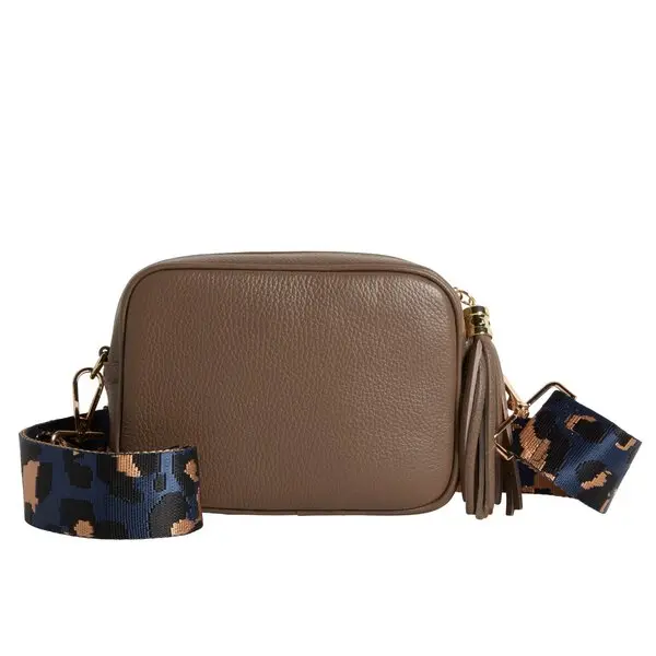 BETSY & FLOSS Verona Crossbody Dark Taupe Tassel Bag With Dark Blue Leopard Strap - Brown