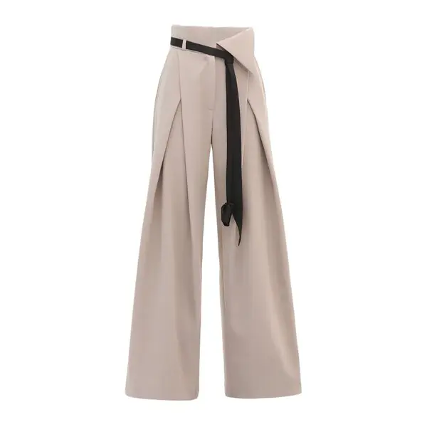 JULIA ALLERT Neutrals Fashion Forward Wide-leg Pants & Contrast Belt - Beige