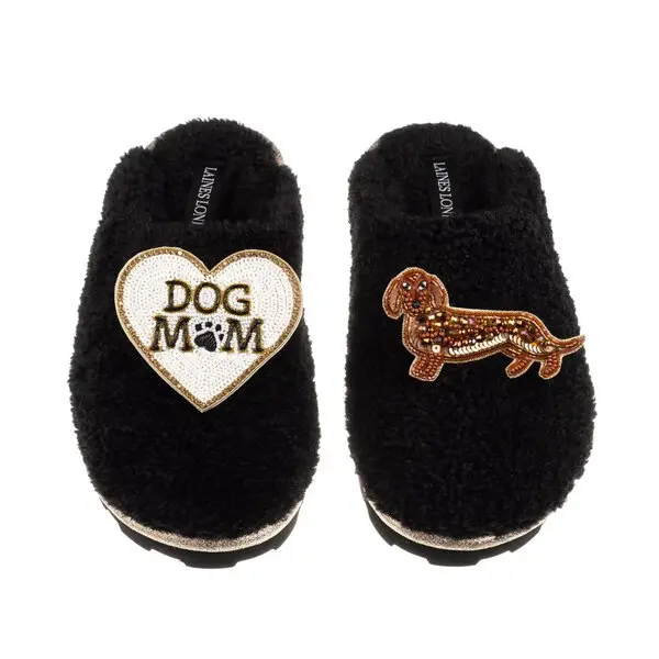 LAINES LONDON Teddy Closed Toe Slippers With Dog Mum/mom & Red Dachshund Brooches - Black