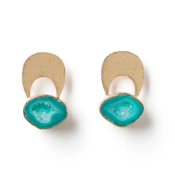 YAA YAA LONDON Green / Gold Quietly Confident Gold Green Agate Crystal Earrings - Green/gold