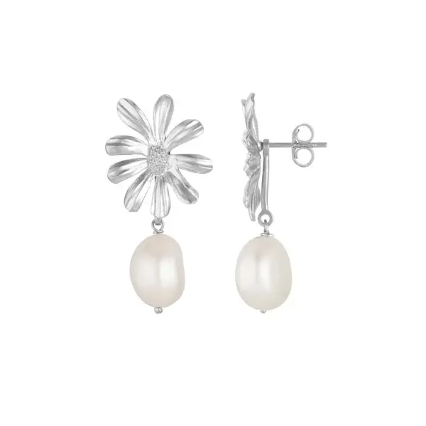 LULU B LONDON Daisy Flower & Pearl Silver Stud Drop Earrings - White