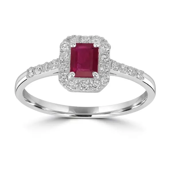 ARTISAN White / Yellow Emerald-cut Ruby & Diamond Halo Ring With Pavé Band In 18k White Gold - White/yellow