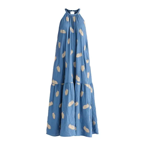 PAISIE Leaf Embroidered Halterneck Maxi Dress - Blue