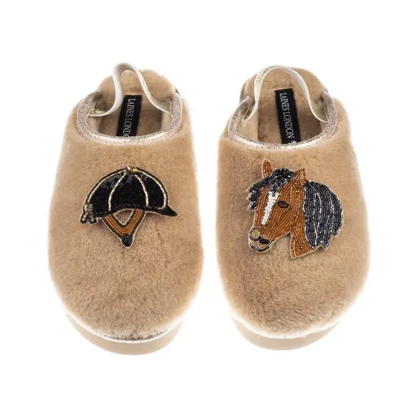 LAINES LONDON Brown / Gold / Neutrals Flatform Cloud Closed Toe Slippers With Riding Hat & Horse Brooches Toffee - Brown/gold