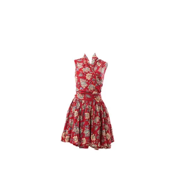 WILD ROSE Wrap Floral Cotton Hand Block Print Dress - Red
