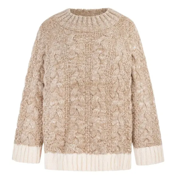 CARA & THE SKY Jennie Cable High Neck Balloon Sleeve Jumper Beige - Brown