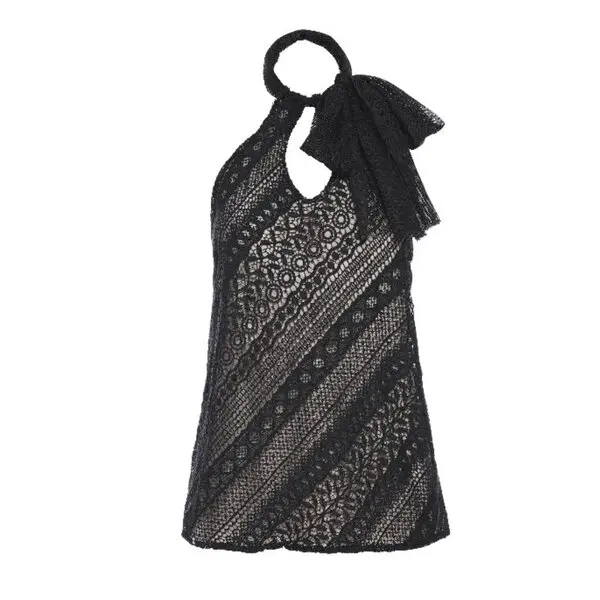 LAHIVE Indie Polka Dot Mesh Tie Halter Top - Black