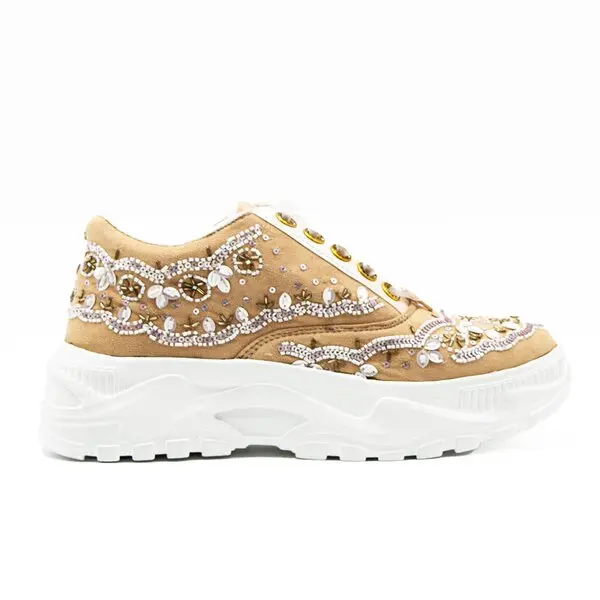 RETTROSE Neutrals Ava Luxury Pale Sand Suede Handmade Embellished Trainers - Black
