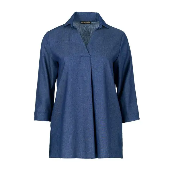 CONQUISTA Denim Style V Neck Top - Blue