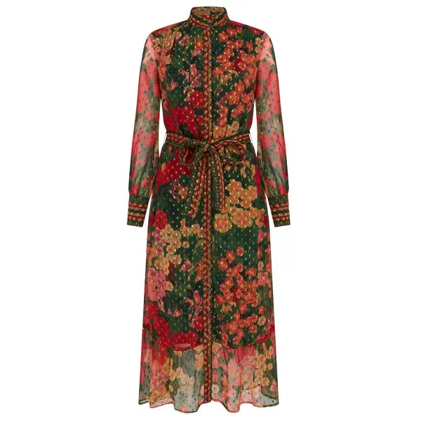 RAISHMA Olive Floral Long Sleeve Belted Shirt Midi Dress In Dark Orange & Dress - Green