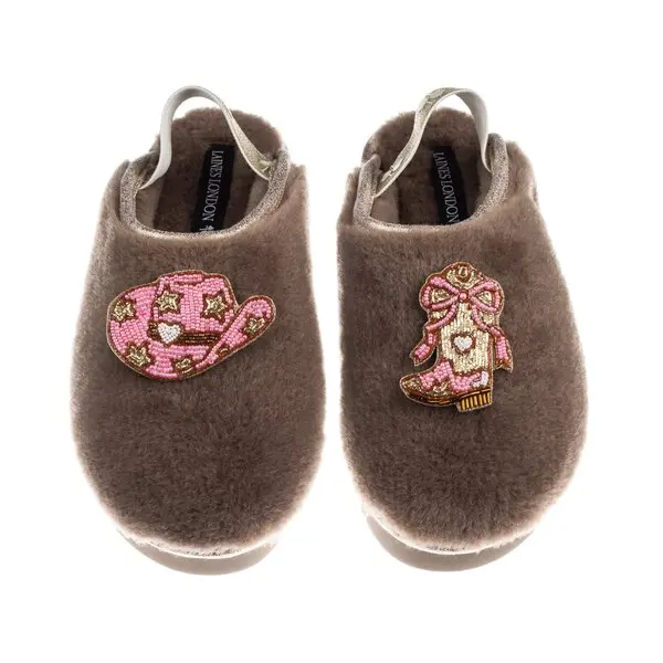LAINES LONDON Brown / Gold / Neutrals Flatform Cloud Closed Toe Slippers With Cowgirl Hat & Cowgirl Boots Brooches Mink - Brown/gold