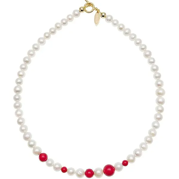 FARRA White / Red Round White Pearls And Red Coral Mixed Necklace - White/red